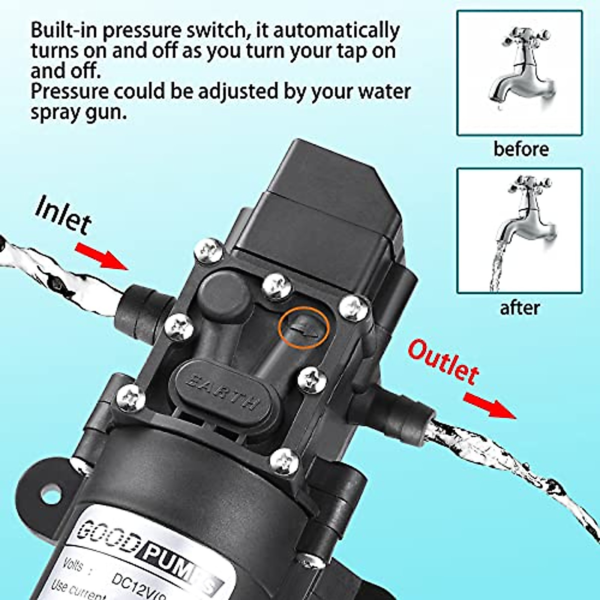 VeYocilk DC 12V Water Pump Diaphragm Pump Self Priming Sprayer Pump with Pressure Switch with 2 Hose Clamps for Garden Lawn