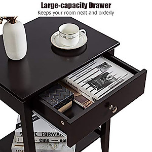 Giantex Nightstand Wooden 2-Tier Couch Sofa Side Table with Drawer, Storage Shelf, Solid Wood Legs,Mufti-Functional Home Furniture for Living Room Bedroom Study Room End Table (2, Brown)