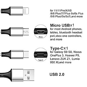 Multi Charging Cable, 10ft 2Pack Multi Phone Charger Cable Braided Universal 3 in 1 Charging Cord Extra Long Multiple USB Cable with USB C, Micro USB Port Connectors for Cell Phones and More