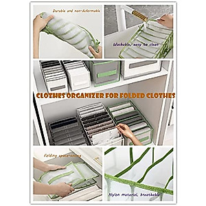 Upgraded 7 Grids Wardrobe Clothes Organizer for Drawer, Clothes Organizer for Folded Clothes, Jean Storage Organizers for Closet T-shirt Pants Legging (Green, 2Pcs)