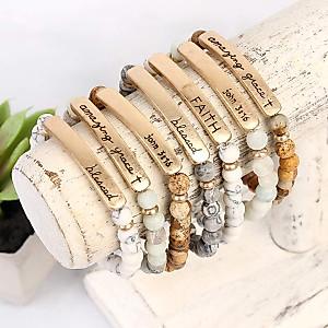 RIAH FASHION Cross Metallic Bar Beaded Stretch Bracelet - Religious Christian Strand Natural Stone, Sparkly Crystal Prayer Cuff Bangle (Blessed - Amazonite)