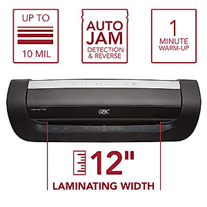 GBC Thermal Laminator Machine, Fusion 7000L, 12 Inch, 1 Min Warm-Up, 3-10 Mil, with 50 EZUse Laminating Pouches (1703098F) , Black