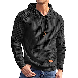 COOFANDY Men's Knit Hoodie Pullover Fashion Hip Hop Long Sleeve Drawstring Waffle Hooded Sweatshirt with Kanga Pocket, Black, Large