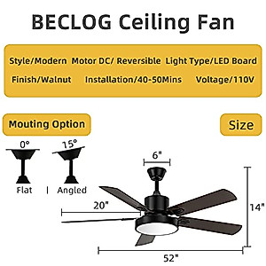 BECLOG Black Outdoor Ceiling Fans, 52" Ceiling Fans with Lights, 6-Speed Reversible DC Motor-Black