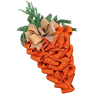 Easter Bunny Carrot Shape Wreath for Front Door Decoration,Artificial Carrot Wreath with Burlap Bow Simulation Carrot Hanging Wreath,for Home Festival Decor,Spring Garden Decoration,Easter Gift