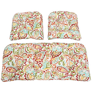 RULU Set of 3 1 Settee (44"x19"x5") & 2 Pieces of Wicker Seats (19"x19"x4") Malitta Papaya Outdoor/Indoor Cushions Set, Multi