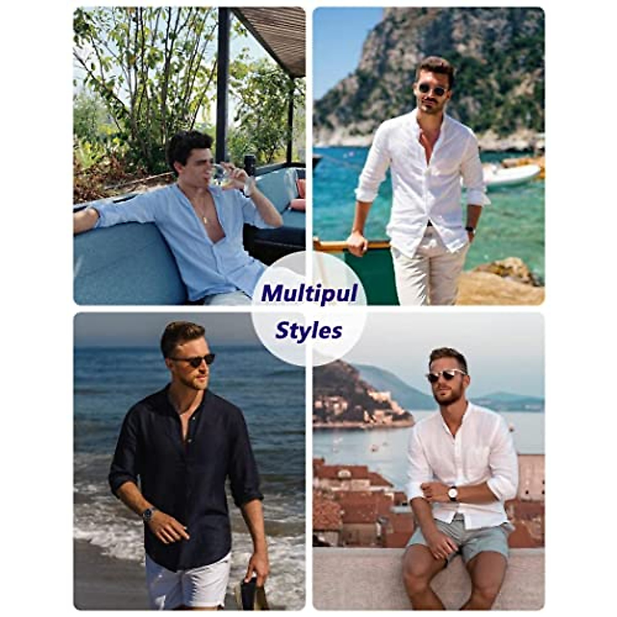 COOFANDY Men Fashion Banded Collar Linen Shirts Button-up Yoga Shirts(Black, Large)