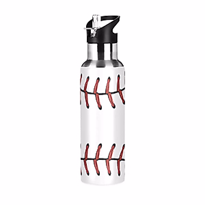 Kcldeci Baseball Pattern Sports Water Bottle 20 Oz Straw Lid Leak Proof Vacuum Insulated Stainless Steel Water Bottles Hot Cold Double Walled Thermo Mug Tumbler Travel Cup