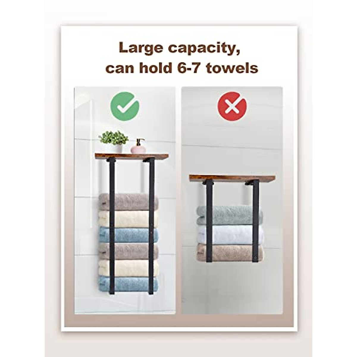Towel Rack with Wooden Shelf - Metal Towel Racks for Bathroom Wall Mounted, Durable Wall Towel Holder for Rolled Towels Bath Towel Washcloths Spa Small Hand Towels