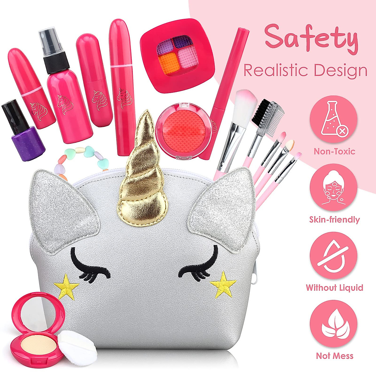 Toddler Girl Toys, Unicorn Pretend Makeup Kit for Girls, Kids Play Makeup Set for Kids 3-5 4-6, Toddler Makeup Kit with Fake Makeup Set, Car Key & Make up Toy for Age 3 4 5 Year Old Girl Gifts