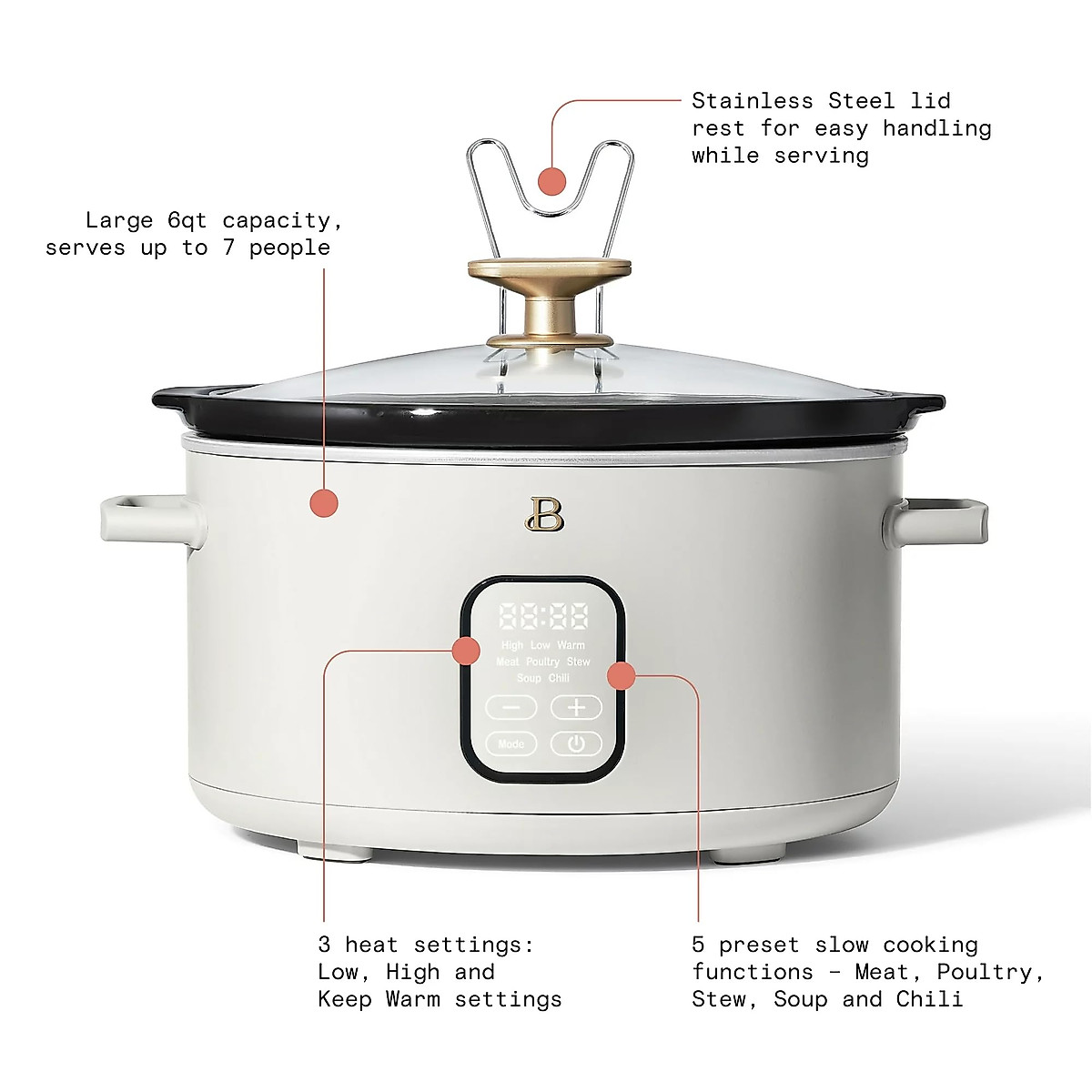 Beautiful 6 Qt Programmable Slow Cooker by Drew Barrymore - 5 Preset Cooking Functions, Digital Countdown Timer, Dishwasher-Safe Parts, and Cool-Touch Handles (White Icing)
