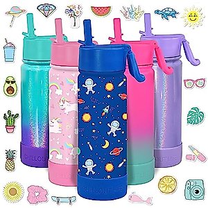 CHILLOUT LIFE 17 oz Kids Insulated Water Bottle for School with Straw Lid Leakproof and Cute Waterproof Stickers, Personalized Stainless Steel Thermos Flask Metal Water Bottle, Blue Space