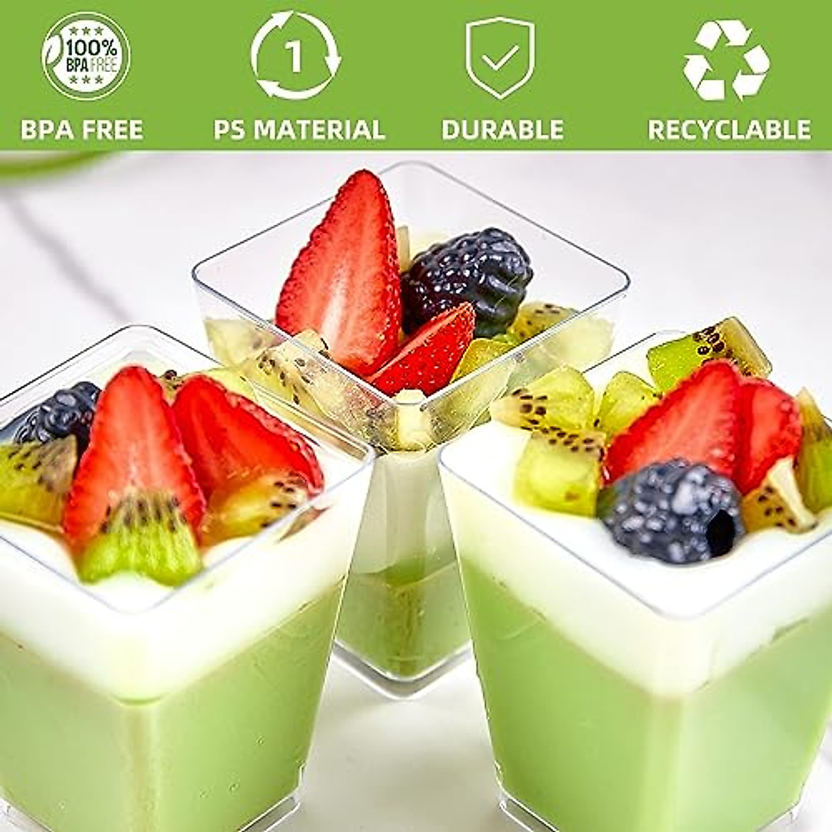 Zezzxu 100 Pack 5 oz Dessert Cups with Dome Lids and Spoons Mini Parfait Cups Clear Plastic Tasting Appetizer Bowls for Fruit Ice Cream Pudding Mousse