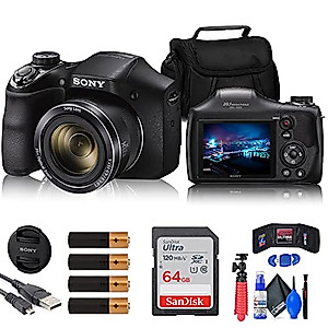 Sony Cyber-Shot DSC-H300 Digital Camera (Black) (DSCH300/B) + 64GB Memory Card + Card Reader + Case + Flex Tripod + Memory Wallet + Cleaning Kit (Renewed)