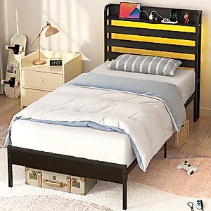Yoobure Twin Bed Frames with Storage Headboard, Led Bed Frame with Charging Station, Metal Platform Bed Wood Bedframe with Heavy Duty Slats, Noise-Free, No Box Spring Needed, Easy Assembly