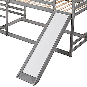 Quad Bunk Beds with Slide, L Shape Bunk Bed for 4, Full Over Full Bunk Bed & Twin Over Twin Bunk Bed, Wood Corner Bunk Beds for Kids Boys Girls Teens (4 Beds, Gray)