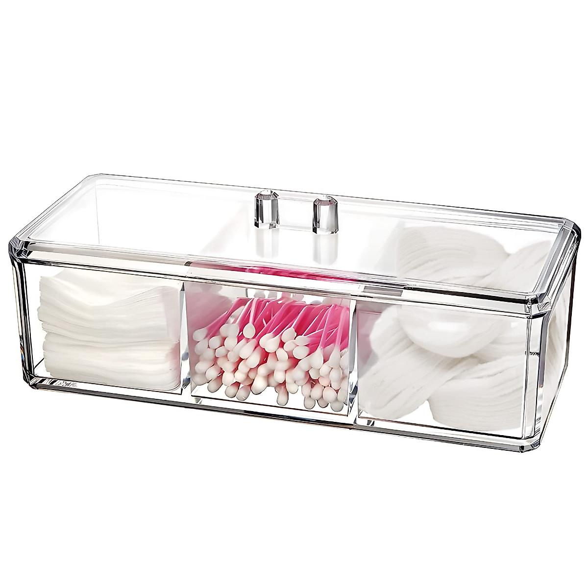EOFJRUC Qtip Holder Cotton Ball and Swab Dispenser with Lid Clear Acrylic 3 Compartments Bathroom Canisters Cotton Pad Organizer Bathroom Vanity Countertop