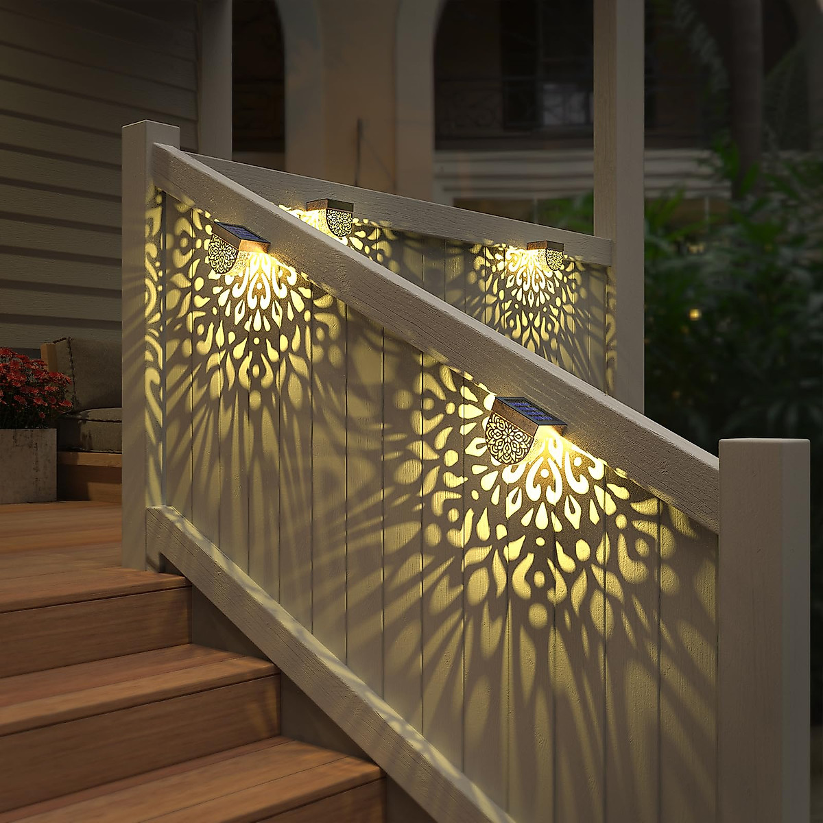 EKQ Solar Fence Lights 6 Pack Solar Deck Lights Outdoor Waterproof LED Solar Powered Step Lights Wall Lights Outdoor Decorations Warm Yellow Light Decorative Lighting for, Front Door, Backyard (Gold)