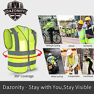 Dazonity High Visibility Safety Vest with Multi Pockets and Zipper, 10 Packs,Reflective Strips, Fit for Men & Women, Work, Construction,Cycling, Runnning, Surveyor, Volunteer (Yellow-XL)