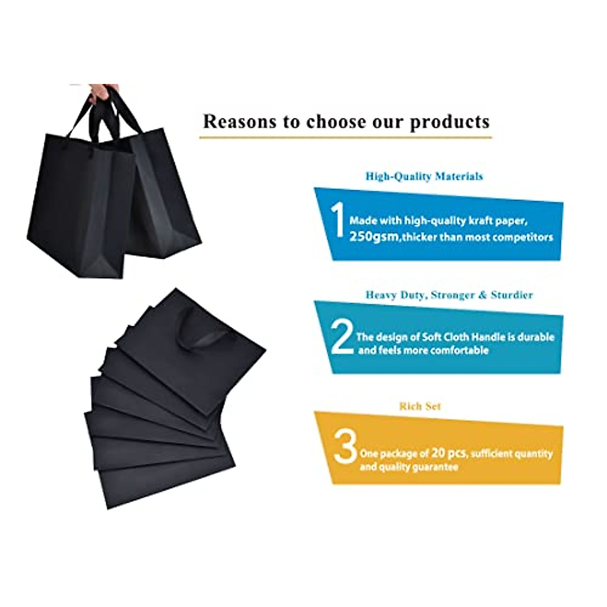 HUAPRINT Black Paper Bags,Shopping bags with Ribbon Handles,20Pcs,10.6x8.3x3.1,Craft Gift Bags for Clothes,Bulk Lunch Bags,Retail Bags,Party Favor Bags,Merchandise Business Bags,Wedding Bags