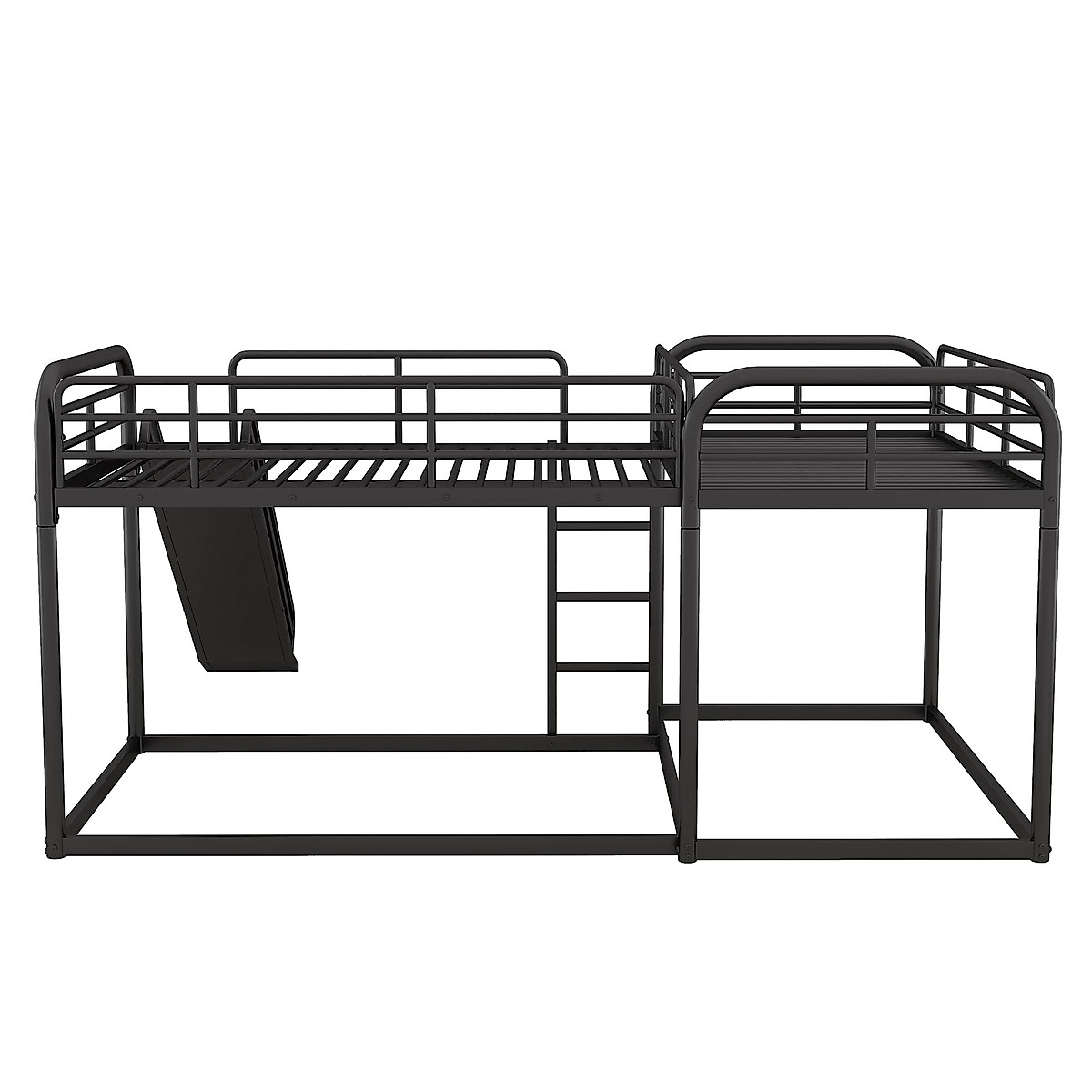 DEYOBED Full and Twin Size Bunk Bed with Slide and Short Ladder, L-Shaped Bunk Bed Frame for 4, Ideal Solid Mental Bed Frame for Kids, Black