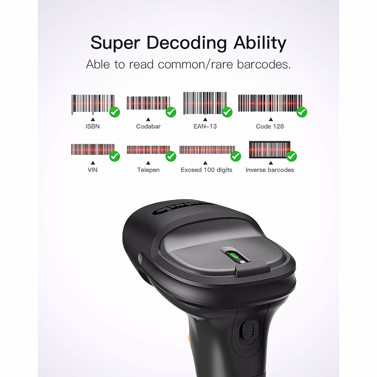 Inateck Super Wireless Barcode Scanner, Transmission Range Up to 330ft, Wireless Adapter and Build-in Bluetooth, Working Time Approx. 30 Days, with Vibrating Function, Pro 7