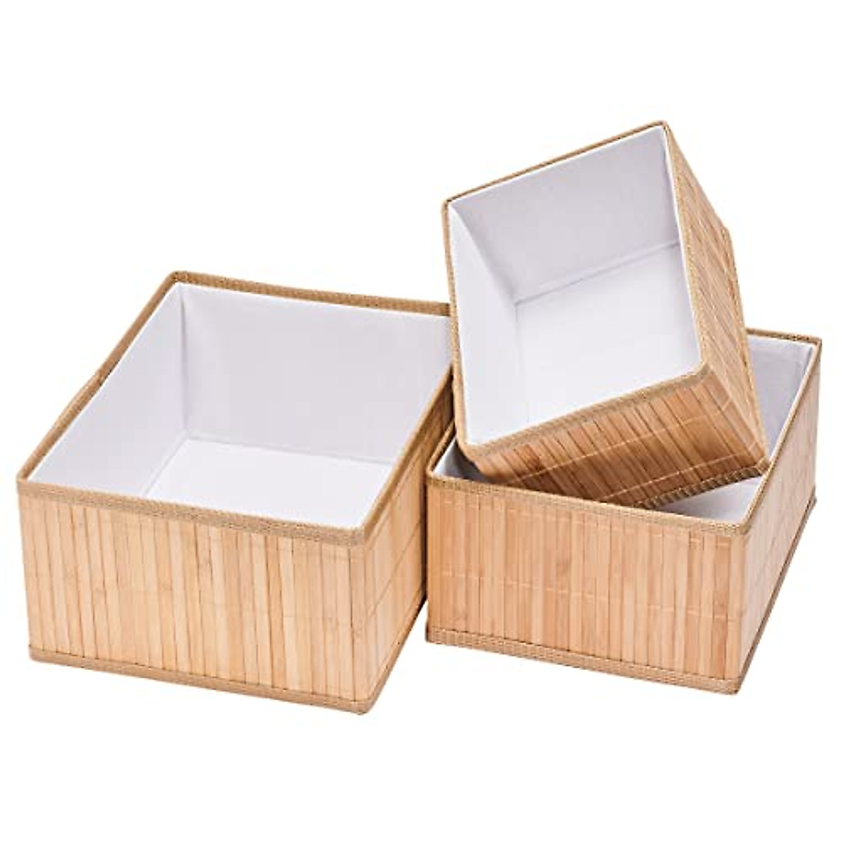 Bamboo Storage Baskets, Set of 3; All-Natural Organizer Bins with Fabric Liner on Inside; Boxes Great for Kitchen, Pantry, Bathroom, Closets, Storage, Shelving, Toys; 3 Sizes: Small, Medium, Large