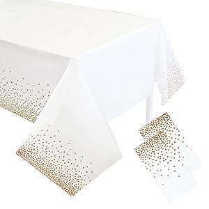 Bluechok Gold Polka Dots Plastic Tablecloths 2 Pack White Disposable Table Covers Bridal Shower Party Tablecovers 54'' x 108'' Table Cloths for Picnic Birthday Wedding Parties 8 Foot Rectangle Table