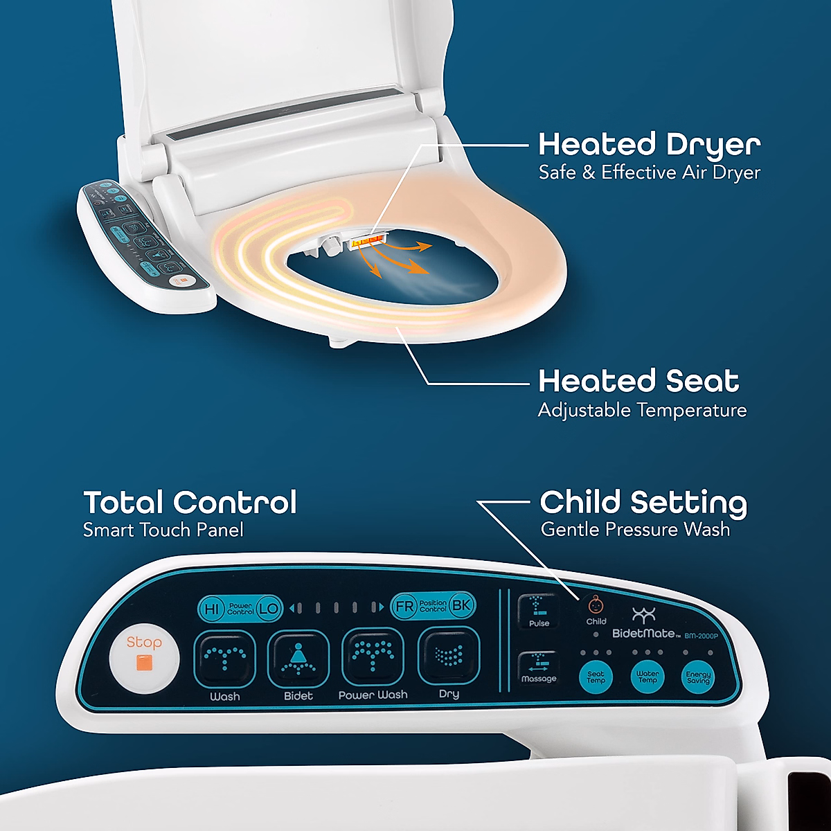 BidetMate 2000 Series Heated Bidet Japanese Toilet Seat with Unlimited Water, Side Control Panel, Deodorizer, and Warm Air Dryer - Adjustable Self-Cleaning - Shape of Bidet Round