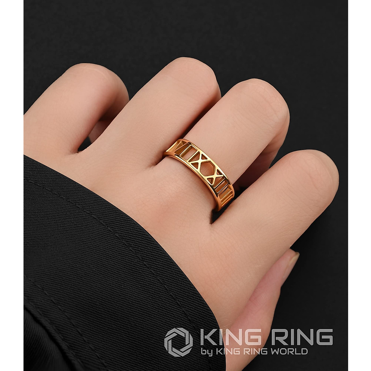 King Ring 6mm Roman Numeral Ring – Stainless Steel Delicate & Durable Ring Jewelry – Hollow Out Finger Ring – Unique Design & Elegant Outlook – Gold 8