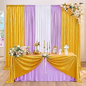 Outpain 2 Panels 4FT x 10 FT Gold Sequin Backdrop Curtain, Not See Through 8FT x 10 FT Gold Glitter Backdrop Drapes for Wedding Party Photography Home Decoration