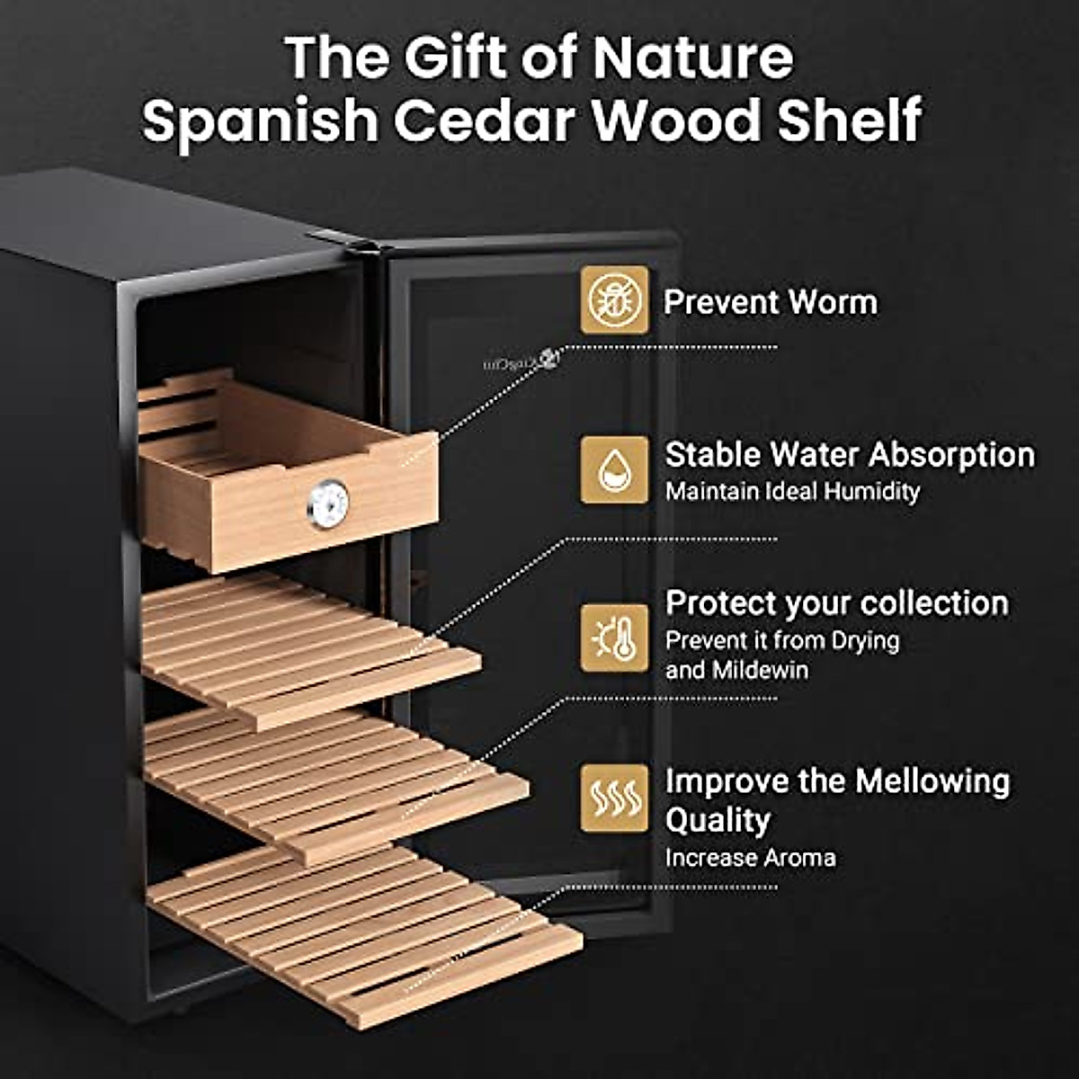 KingChii 33L Electric Cigar Humidors Temperature Control System, Cooling & Heating Humidor Cabinet with Spanish Cedar Wood Shelves & Hygrometer, Father's Day Gifts for Men (4 Layers 250 Capacity)