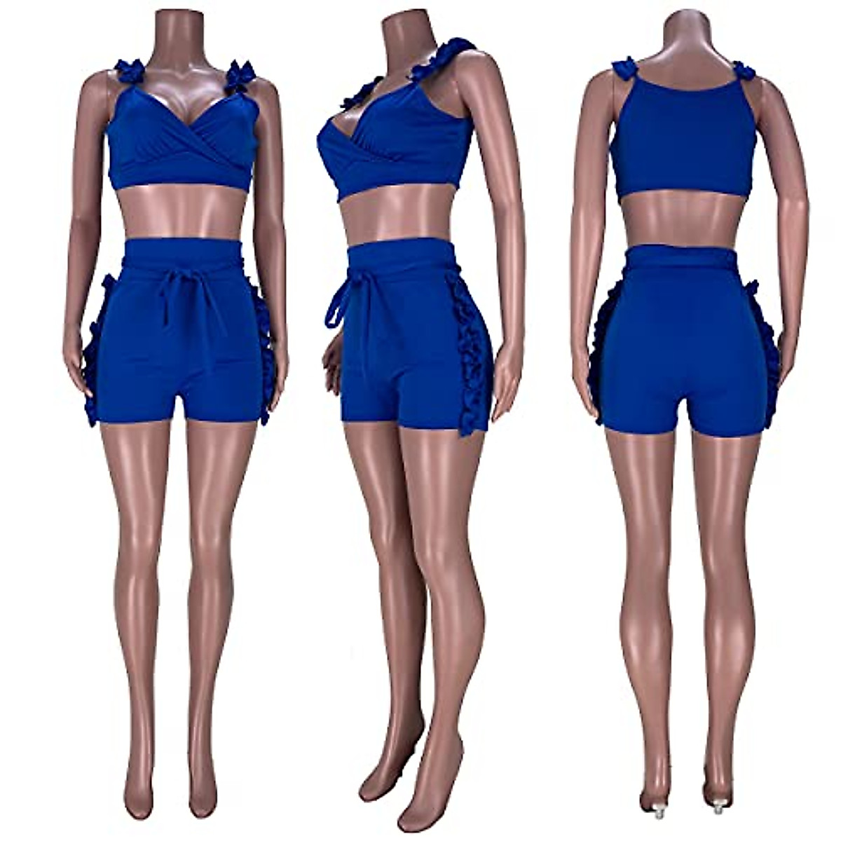 acelyn Women’s 2 Piece Outfits Ruffle Sweatsuit V-Neck Tank Crop Tops Tie Waist Short Sets Tracksuit Sexy Clubwear (L5052-Blue,XL)