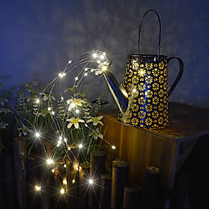 Cubular Solar Watering Can with Lights Outdoor - Metal Waterproof Garden Flower Decor Stake Light Art Decor Gift for Table Patio Yards Pathway Party - Hanging Solar Lantern with Fairy Waterfall Light