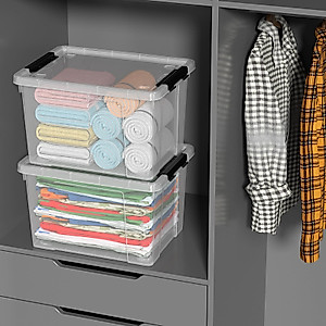 DynkoNA 22 Quart Plastic Latching Box with Wheels, 4 Pack Clear Lidded Storage Boxes