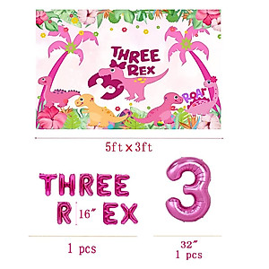 Pink Three Dino Rex Birthday Party Decorations Dinosaur 3rd Birthday Décorations Three inspired Rex Birthday Party Supplies include balloon backdrop knive fork spoon plate napkin cup tablecloth