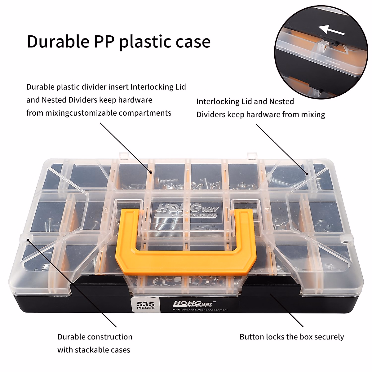 HongWay 2000pcs Hardware Assortment Kit, Nuts and Bolts Assortment Kit with 64 Sizes Bolts, Nuts & Washers Assortment and Metal & Wood Screw Organizer (3 Trays)