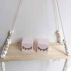 LEAQU Nordic Shelf Wall Hanging Board Rope Hanging Floating Shelves Wooden Floating Shelves Storage with Tassel Beads Wall Hanging Shelves Storage for Home White