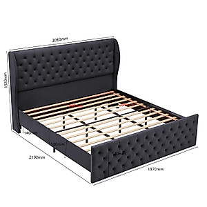 i-POOK King Size Platform Bed Frame, Velvet Upholstered Chesterfield Bed with Deep Button Tufted Wingback Headboard and Footboard, Wood Slats Support, No Box Spring Needed, Black