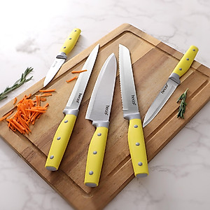 hecef Kitchen Knife Set with Magnetic Strip, 6 pcs Professional Knives Set for Kitchen, 13-inch Magnetic Strip Stainless Steel Sharp Chef Knife Set with Yellow Handle for Cutting Meat & Vegetable