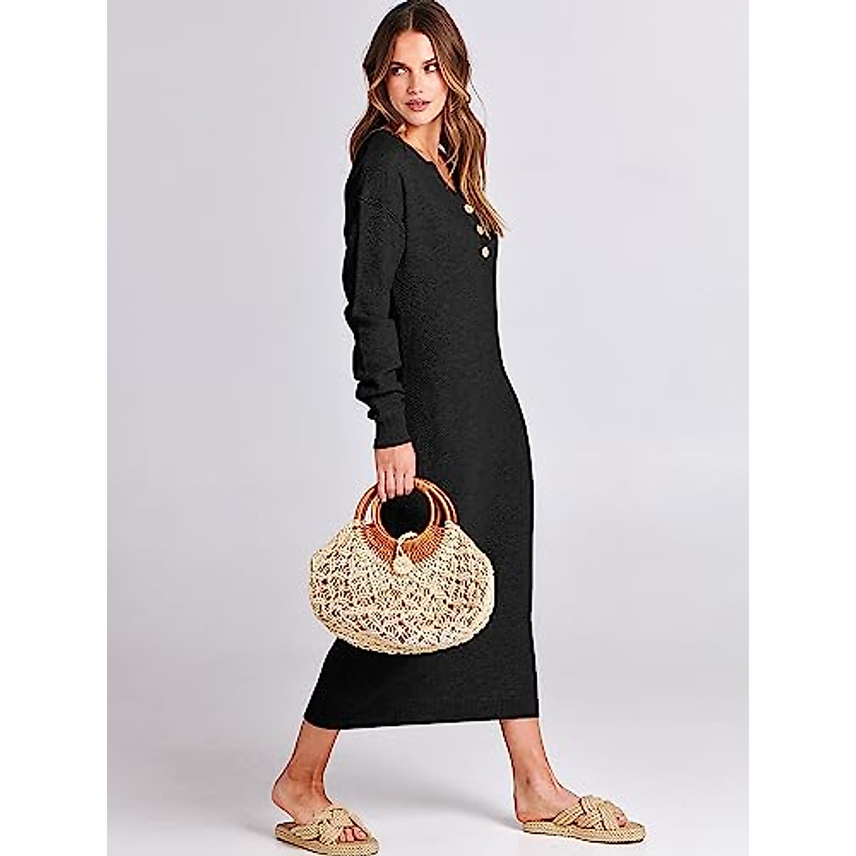 ANRABESS Women Sweater Maxi Dress Long Sleeve Button V Neck Oversized Casual Loose Waffle Knit Fall Long Midi Sweater Dress 2023 Trendy Outfits 1130heise-L Black