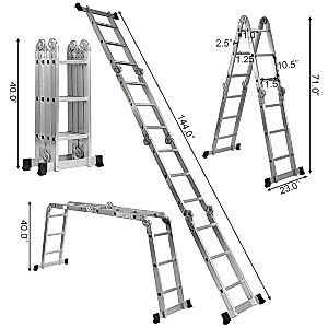 ERGOMASTER Extension Ladder 7 in 1 Aluminum Folding Step Ladders Adjustable Telescoping Multi Position Ladder for Home Stairs Roof Warehouse 330lbs（12.2 Feet）