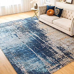 VK VK·LIVING Machine Washable Rug 8'x10' Abstract Washable Area Rugs with Non Slip Rugs for Living Room Bedroom Modern Woven Rug Carprt Stain Resistant, Washable Rugs Dining Room Office Boho Rug, Blue
