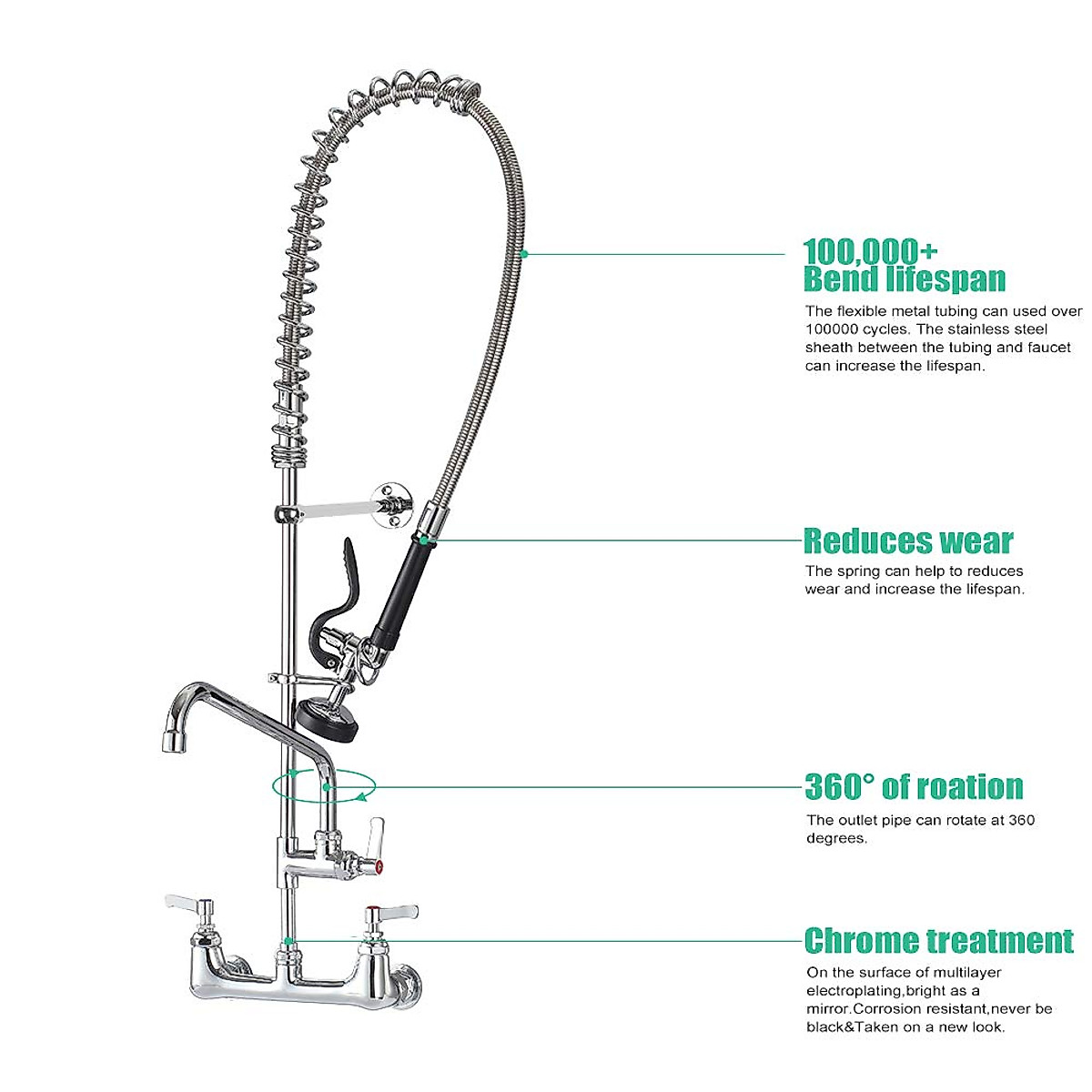 CWM Commercial Sink Faucet with Sprayer-43 Inch Commercial Kitchen Faucet 8 Inches Center Wall Mount Pre Rinse Faucet with 12 Inches Add on Spout
