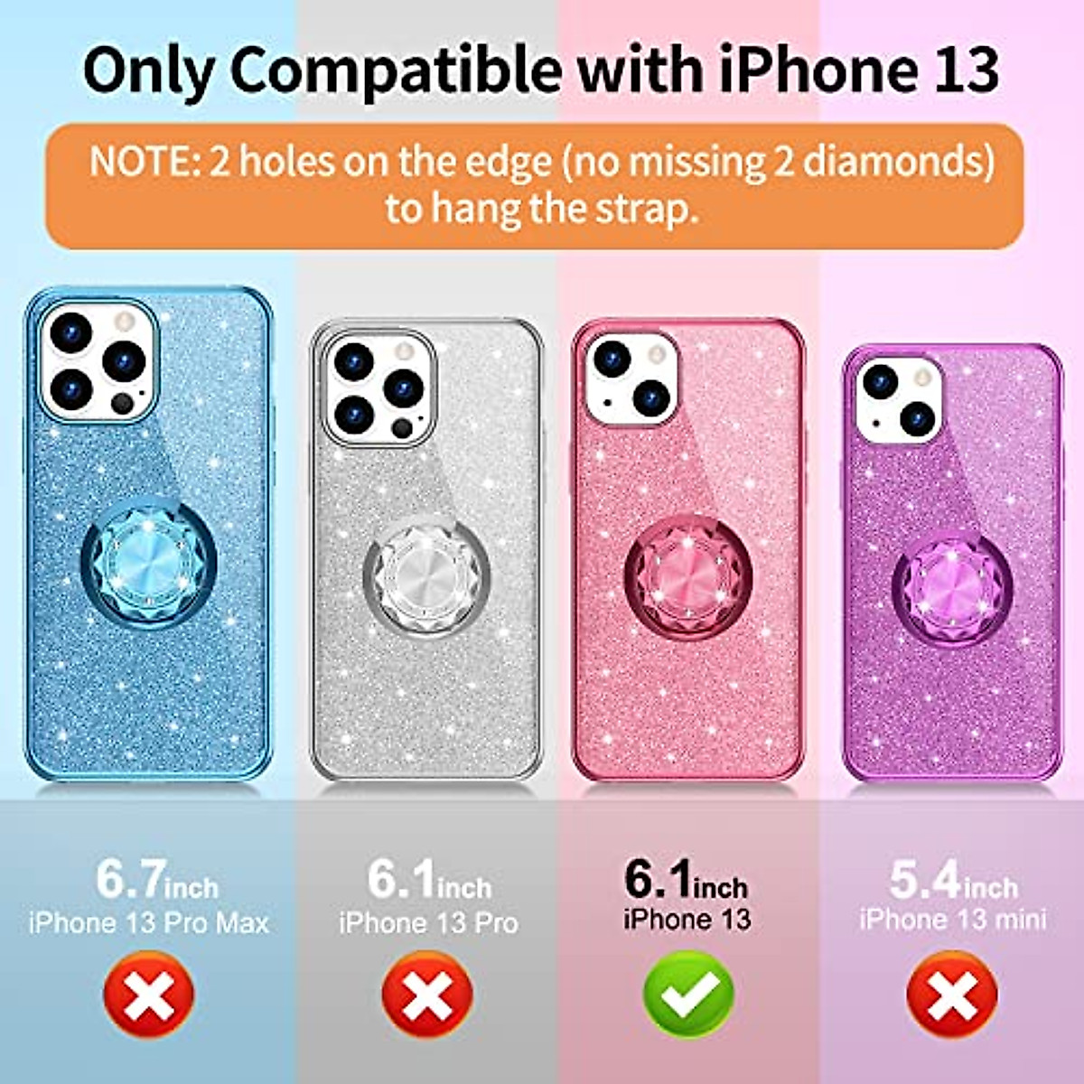OCYCLONE for iPhone 13 Case, Glitter Sparkle Diamond Cover with Ring Stand Protective Phone Case Compatible with 6.1 inch iPhone 13 Case for Women Girls - Pink