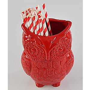 Home-X Ceramic Owl Utensil Holder - Kitchen Organizer, Large Utensil Caddy for Counter, Cooking & Spatula Storage Crock, Farmhouse Decor, Home & Kitchen Accessory, Red