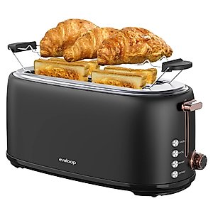 Evoloop Toaster 4 Slice, Stainless Steel Bread Toasters, 6 Bread Shade Settings, Reheat, Bagel, Defrost, Cancel Function, 1.5" Extra Wide Slots,Removable Crumb Tray（Black）