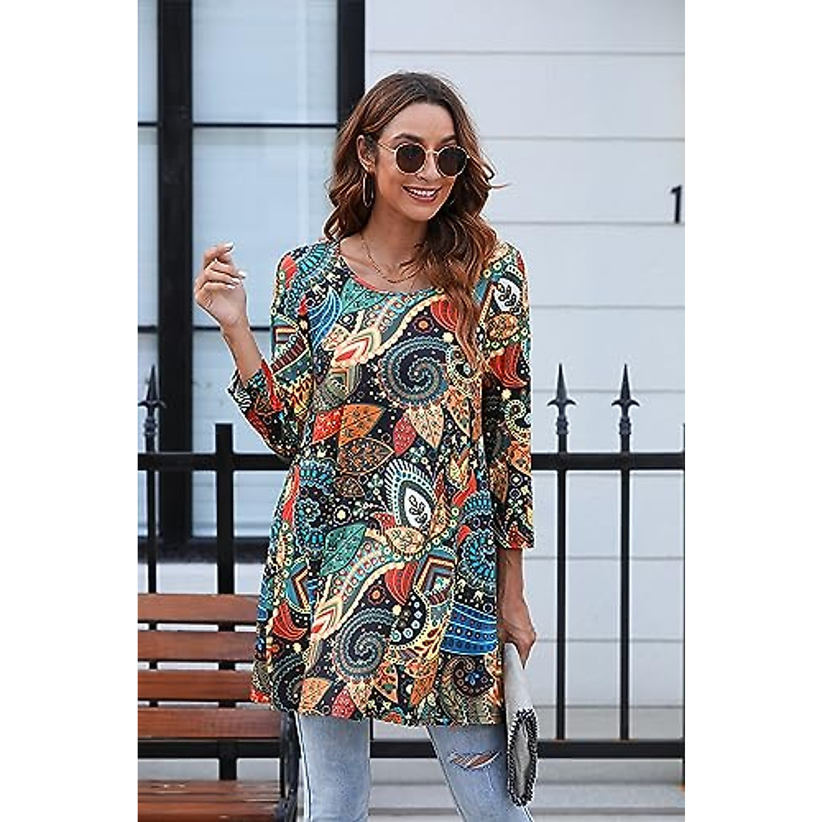 ENMAIN Womens Tunic Tops 3/4 Sleeve Dressy Casual Plus Size Tunic Tops to Wear with Leggings Loose Fit Swing Fall Orange T-Shirt Ladies Blouses