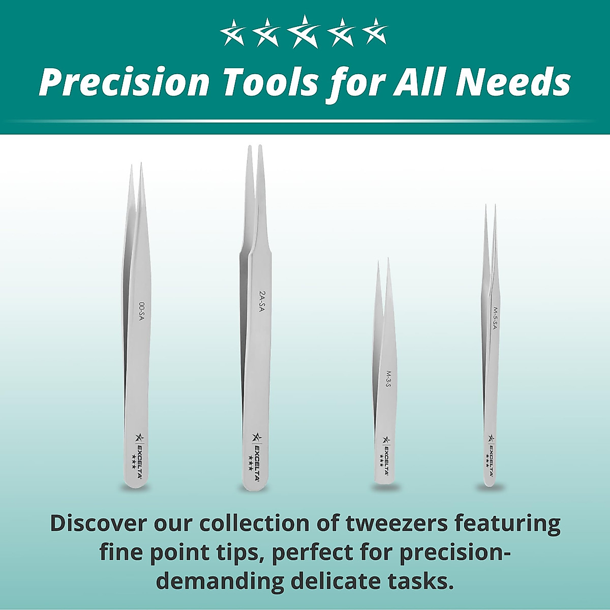 Excelta Ultra-Precision Tweezers, Straight Tapered Flat Point, Anti-Magnetic Stainless Steel, 4.75" Length, 0.059” Wide, Professional