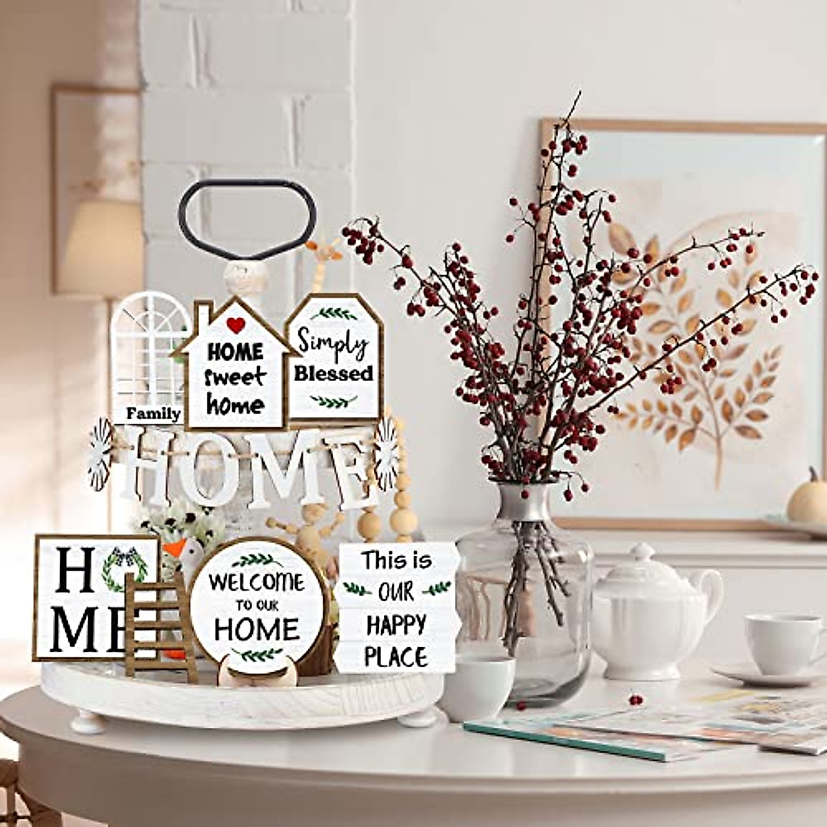 13 Pcs Farmhouse Tiered Tray Decor Farmhouse Home Decor Rustic Wooden Tray Decor Items Mini Signs Home Kitchen Table Decoration for Country House Family Shelf Housewarming Gift Accessories
